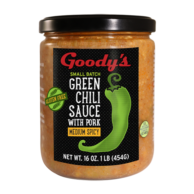 Goody Small Batch Green Chili Sauce with pork Mild 16 Oz